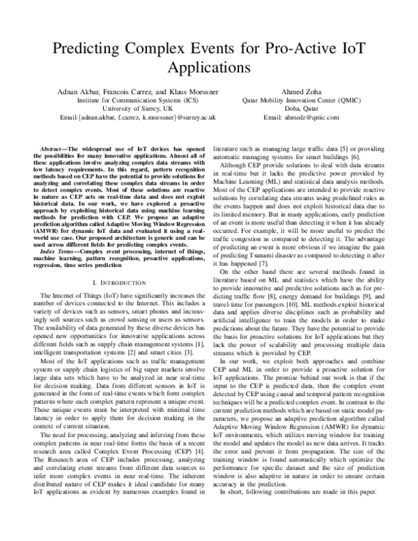 (PDF) Predicting complex events for pro-active IoT applications