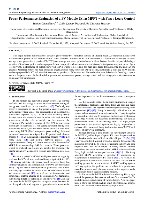 Pdf Power Performance Evaluation Of A Pv Module Using Mppt With Fuzzy Logic Control
