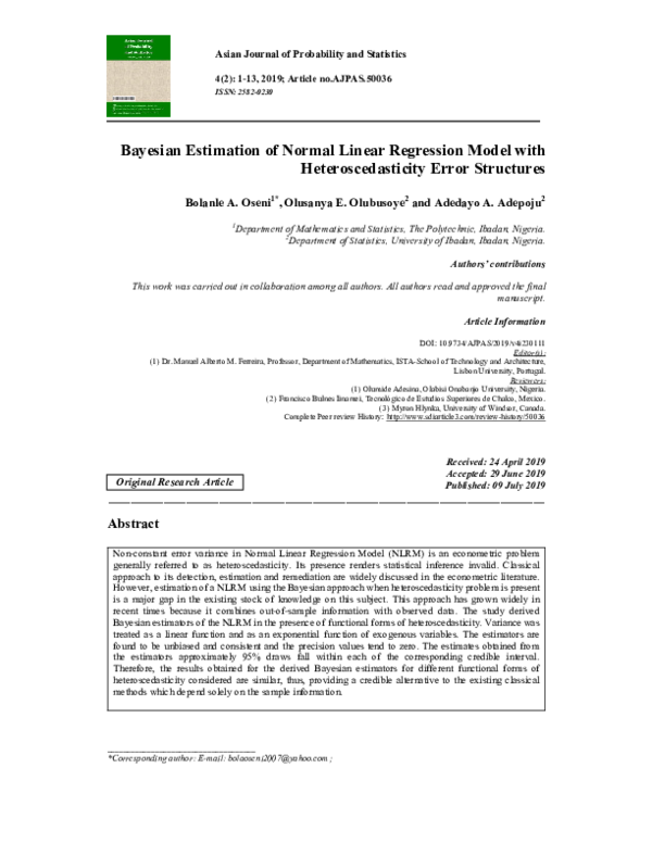 Pdf Bayesian Estimation Of Normal Linear Regression Model With Heteroscedasticity Error