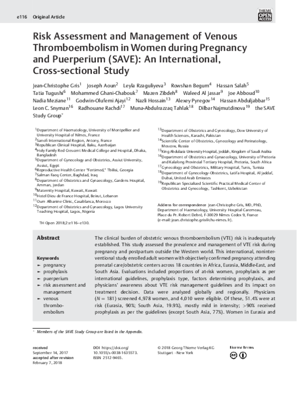 (PDF) Risk Assessment and Management of Venous Thromboembolism in Women during Pregnancy and ...