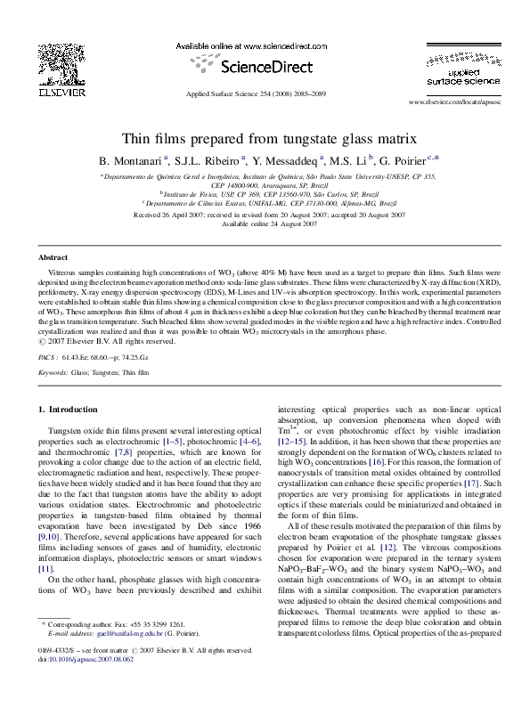 (PDF) Thin films prepared from tungstate glass matrix
