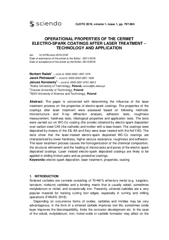 (PDF) Operational Properties of the Cermet Electro-Spark Coatings after ...