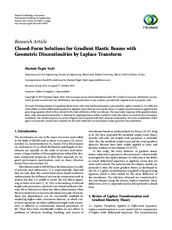 (PDF) Closed-Form Solutions for Gradient Elastic Beams with Geometric Discontinuities by Laplace ...