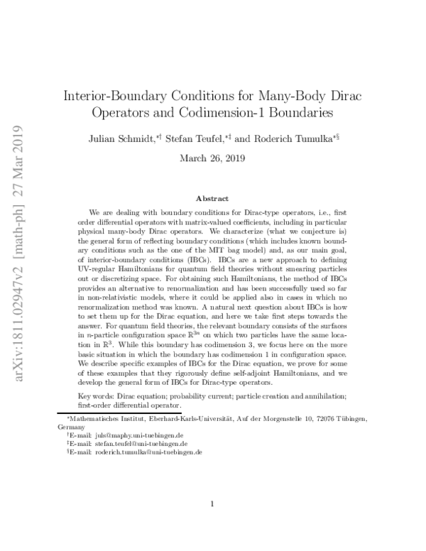 (PDF) Interior-boundary conditions for many-body Dirac operators and codimension-1 boundaries