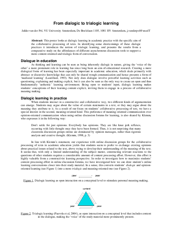 (PDF) From dialogic to trialogic learning