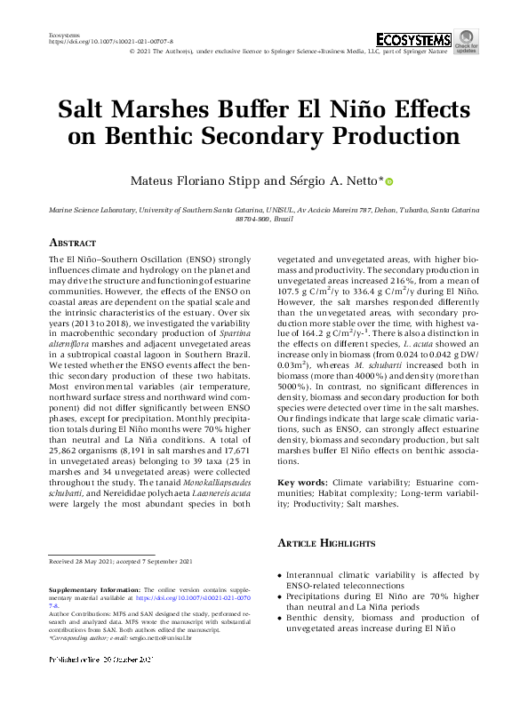 (PDF) Salt Marshes Buffer El Niño Effects on Benthic Secondary Production