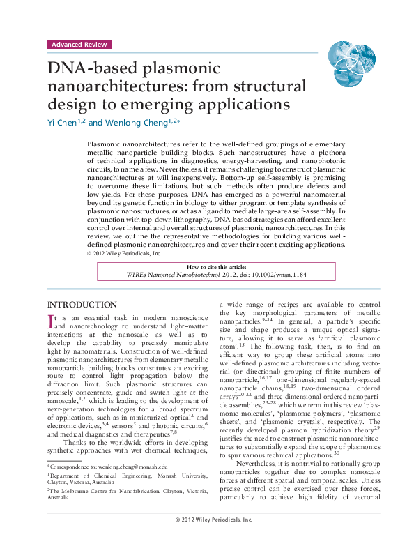 (PDF) DNA-based plasmonic nanoarchitectures: from structural design to ...
