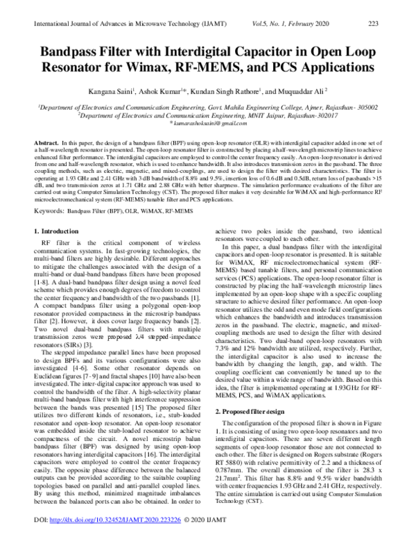 Pdf Bandpass Filter With Interdigital Capacitor In Open Loop Resonator For Wimax Rf Mems And