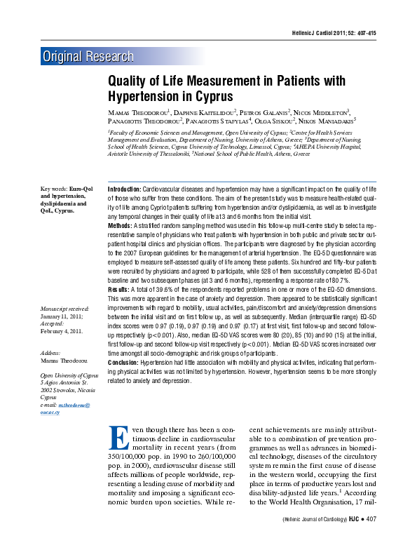 (PDF) Quality of Life Measurement in Patients with Hypertension in Cyprus