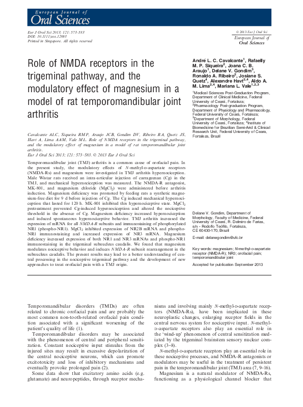 (PDF) NMDA Receptors and Magnesium in TMJ Arthritis Pain Modulation