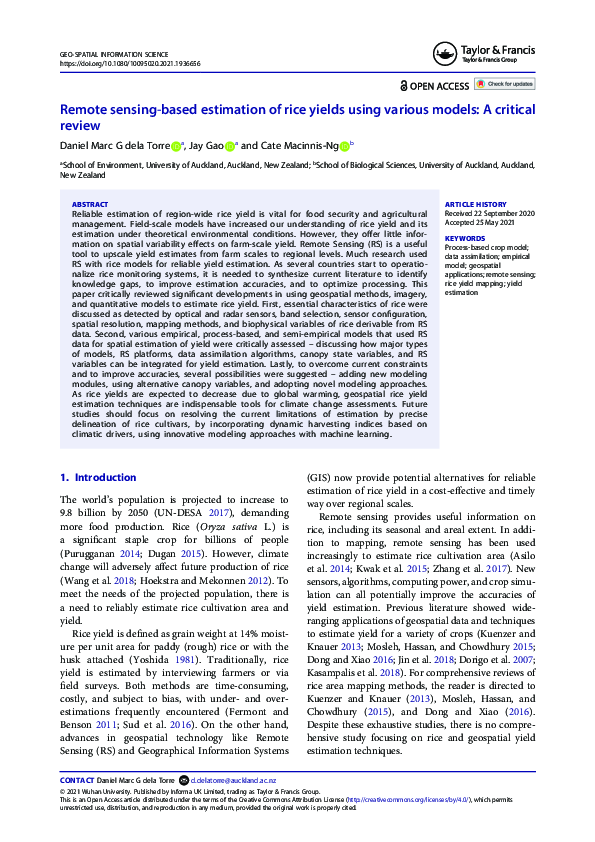 Pdf Remote Sensing Based Estimation Of Rice Yields Using Various Models A Critical Review