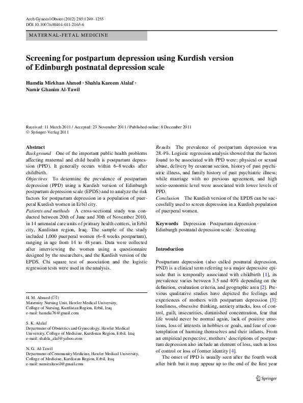 (PDF) Screening for postpartum depression using Kurdish version of ...