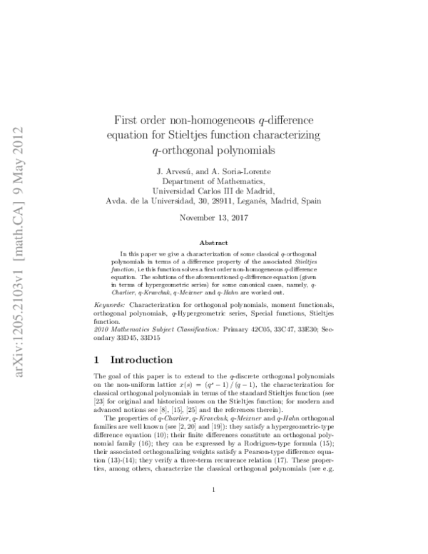 (PDF) First-order non-homogeneous q -difference equation for Stieltjes function characterizing q ...