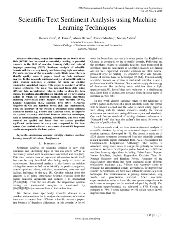 (PDF) Scientific Text Sentiment Analysis using Machine Learning Techniques