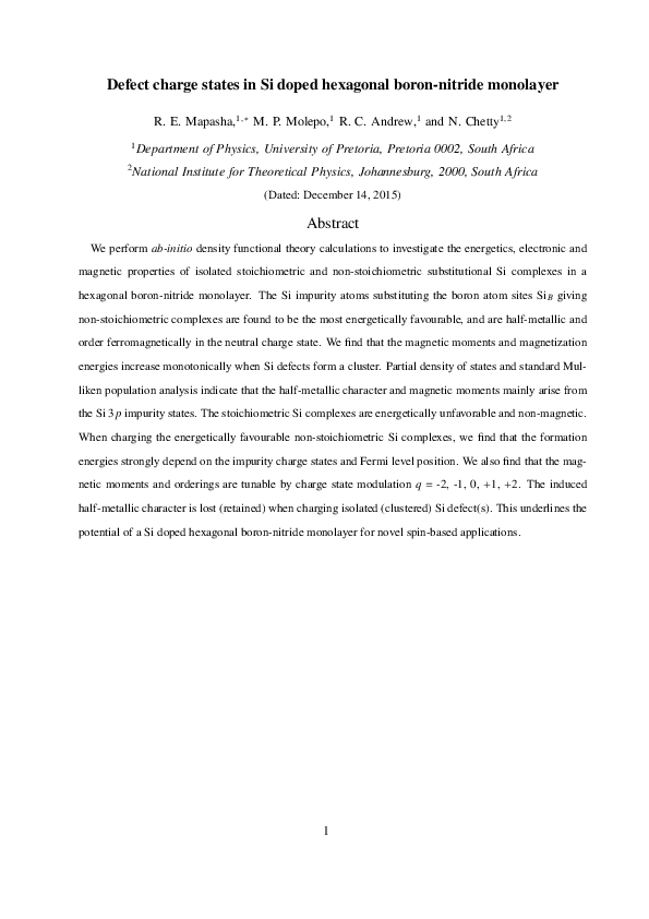 (PDF) Defect charge states in Si doped hexagonal boron-nitride monolayer