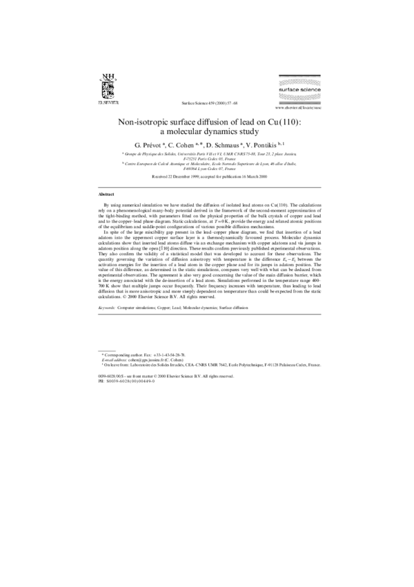 (PDF) Non-isotropic surface diffusion of lead on Cu(110): a molecular ...