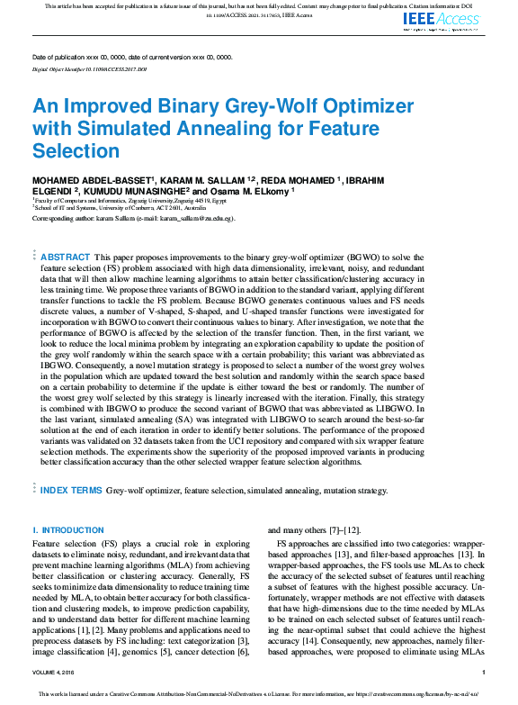 (PDF) An Improved Binary Grey-Wolf Optimizer with Simulated Annealing for Feature Selection