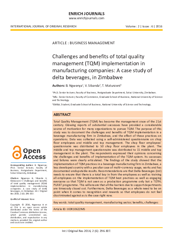 (PDF) Challenges and benefits of Total Quality Management