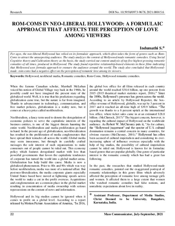 (PDF) ROM-COMS IN NEO-LIBERAL HOLLYWOOD: A FORMULAIC APPROACH THAT ...