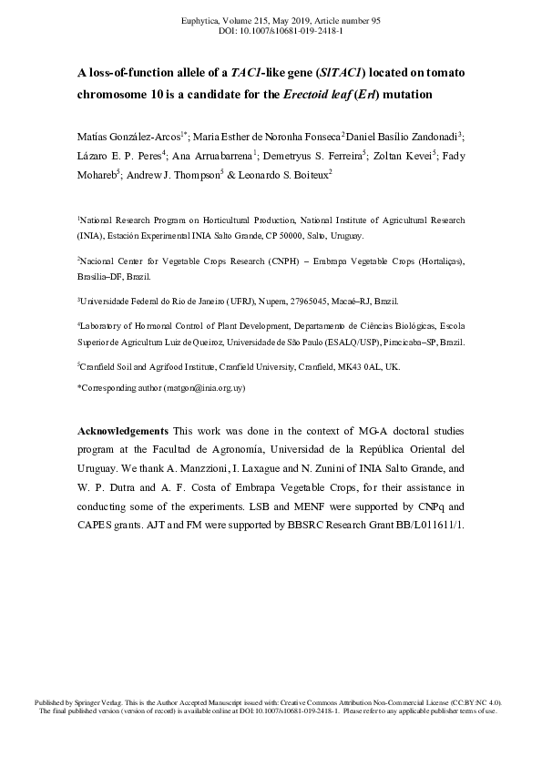 (PDF) A loss-of-function allele of a TAC1-like gene (SlTAC1) located on ...