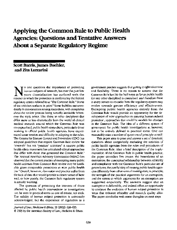 (PDF) Applying the Common Rule to Public Health Agencies: Questions and ...