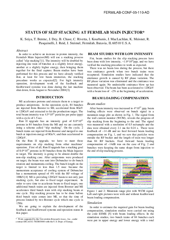 (PDF) Status of Slip Stacking at Fermilab Main Injector