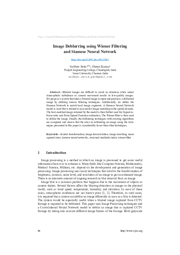 Pdf Image Deblurring Using Wiener Filtering And Siamese Neural Network