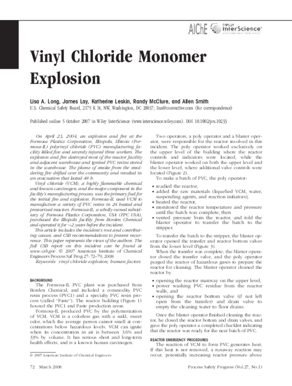 (PDF) Vinyl chloride monomer explosion