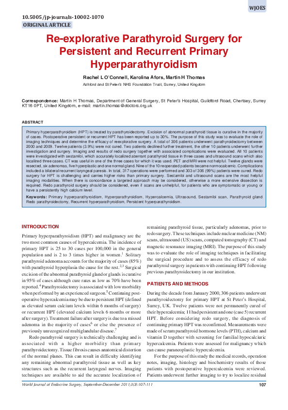 (PDF) Re-explorative Parathyroid Surgery for Persistent and Recurrent Primary Hyperparathyroidism