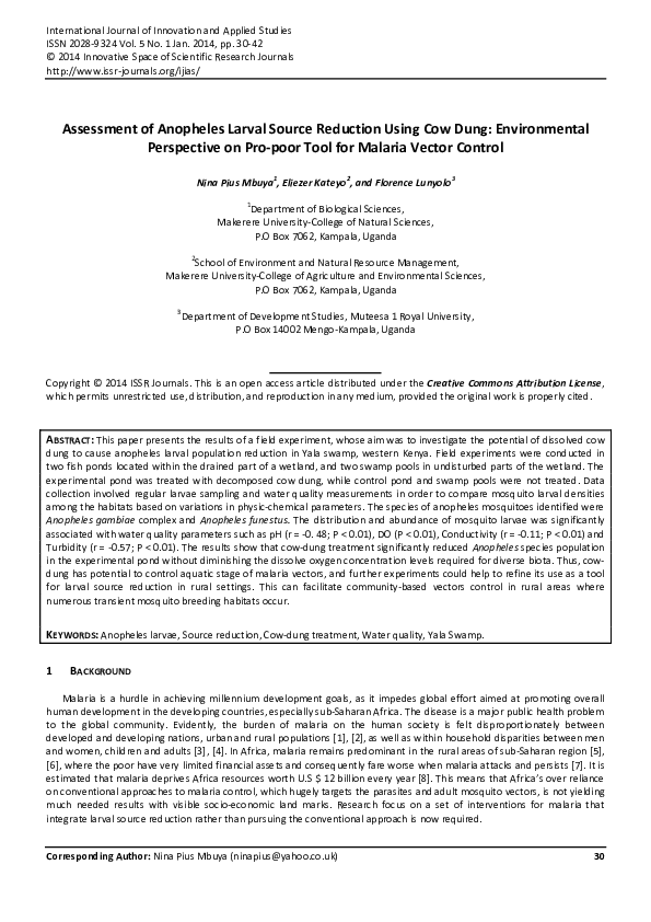 (PDF) Assessment of Anopheles Larval Source Reduction Using Cow Dung ...