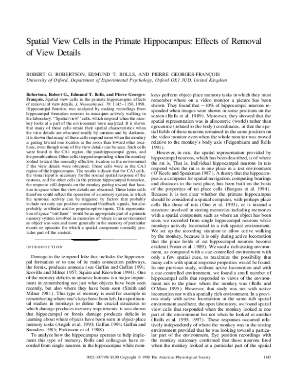 (PDF) Spatial view cells in the primate hippocampus: effects of removal ...
