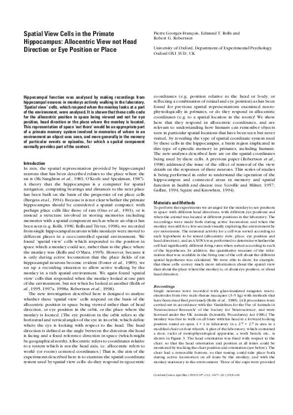 (PDF) Spatial view cells in the primate hippocampus: allocentric view ...