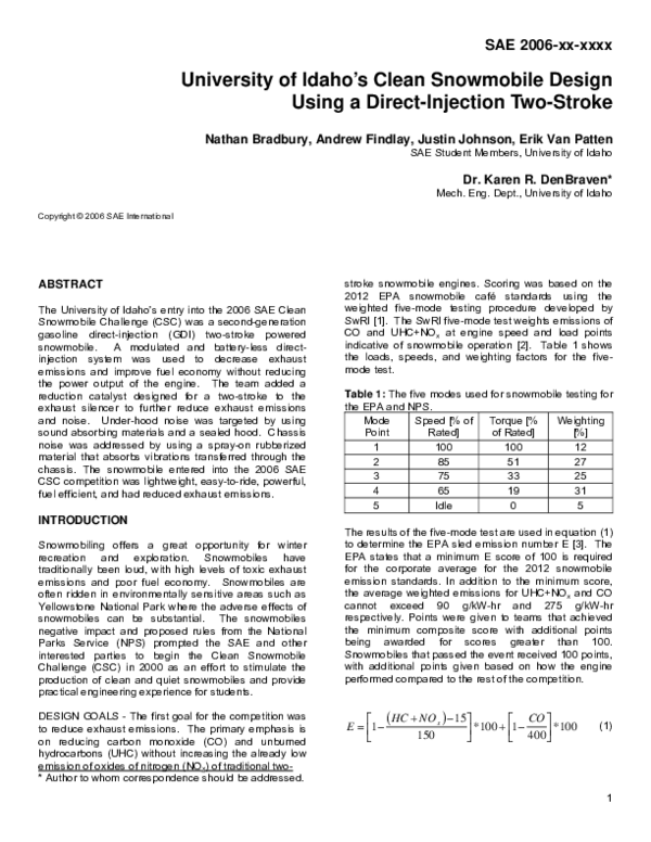 (PDF) University of Idaho's Clean Snowmobile Design Using a Direct ...