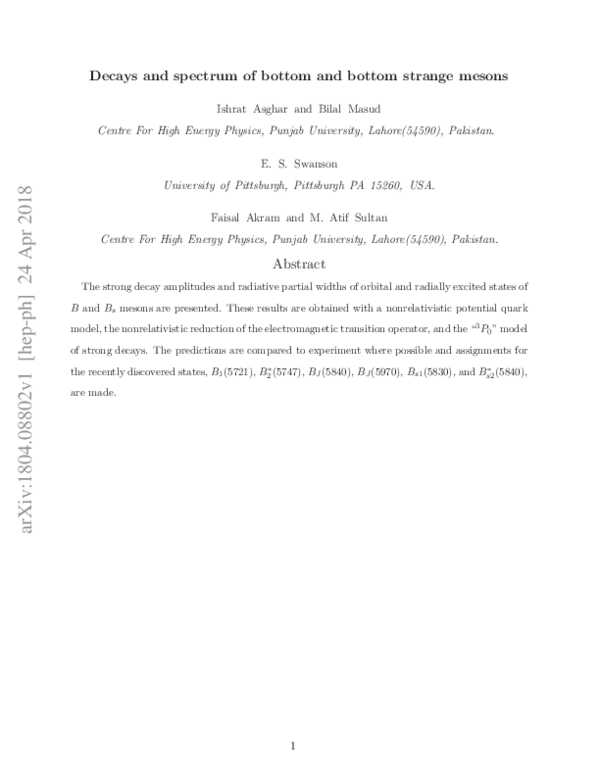 (PDF) Decays and spectrum of bottom and bottom strange mesons