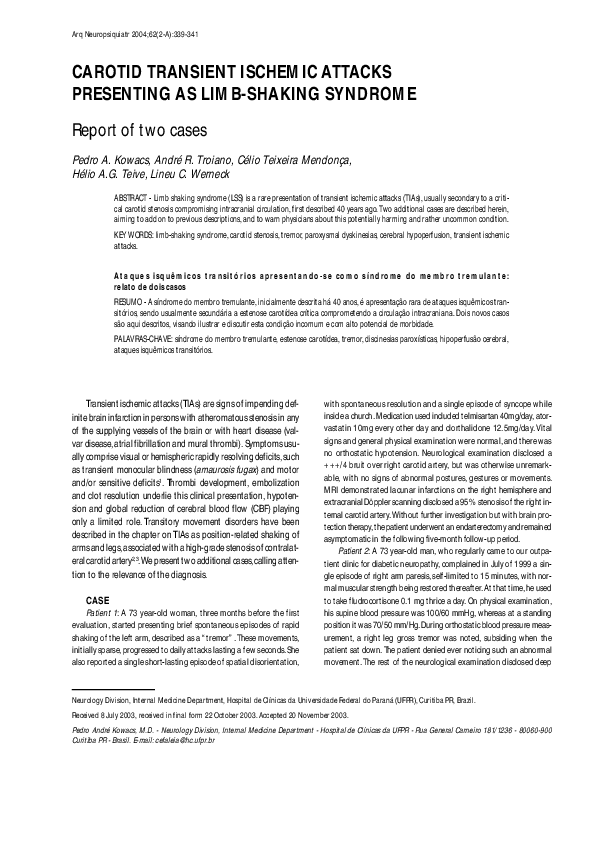 (PDF) Carotid transient ischemic attacks presenting as limb-shaking syndrome: report of two cases