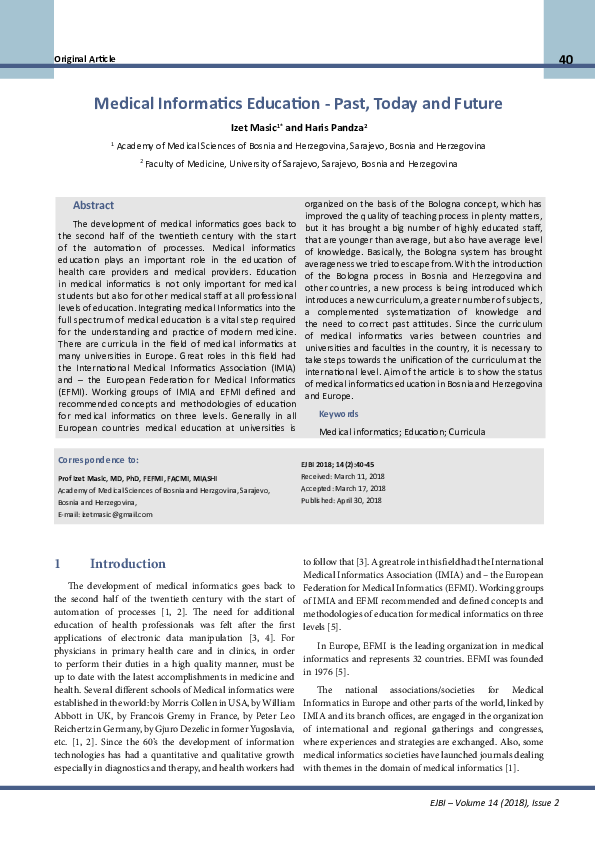 (PDF) Medical Informatics Education - Past, Today and Future