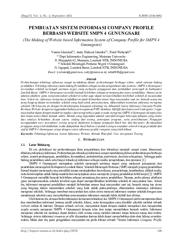 (PDF) Pembuatan Sistem Informasi Company Profile Berbasis Website SMPN 4 GUNUNGSARI