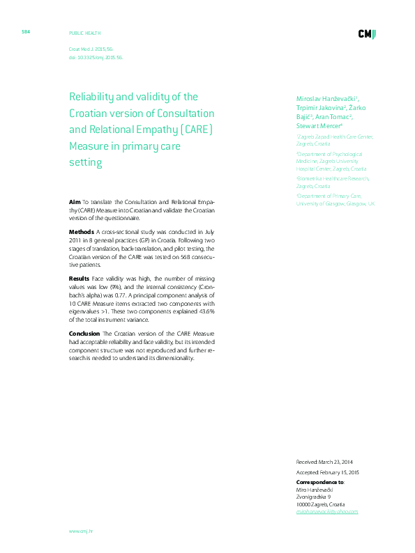 Pdf Validity Of Croatian Care Measure In Primary Care