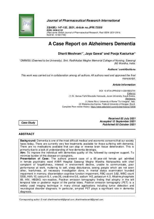 (PDF) A Case Report on Alzheimers Dementia