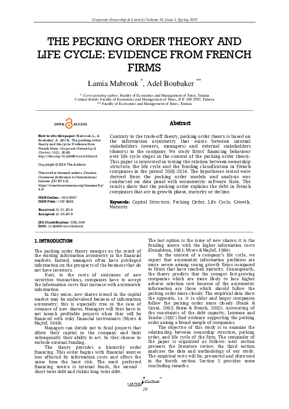 (PDF) The pecking order theory and life cycle: Evidence from French firms