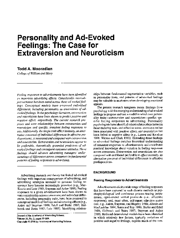 (PDF) Personality and Ad-Evoked Feelings: The Case for Extraversion and ...