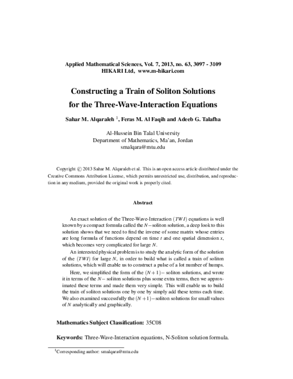 Pdf Constructing A Train Of Soliton Solutions For The Three Wave Interaction Equations