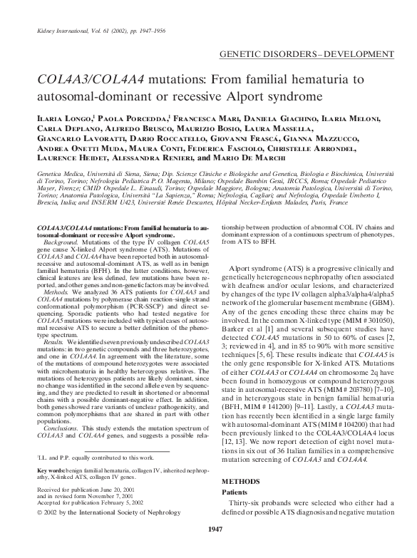 (PDF) COL4A3/COL4A4 mutations: From familial hematuria to autosomal ...