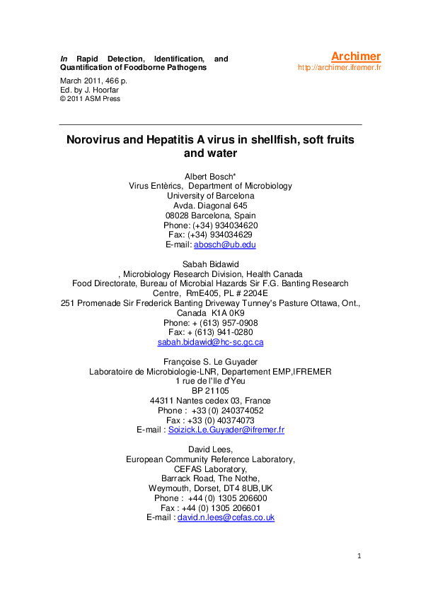 (PDF) Norovirus and Hepatitis A virus in shellfish, soft fruits and water