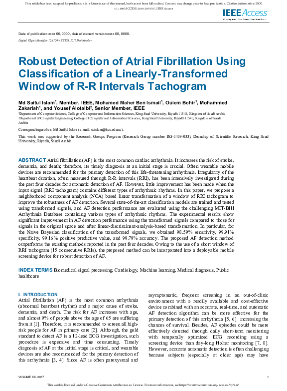 Pdf Robust Detection Of Atrial Fibrillation Using Classification Of A Linearly Transformed