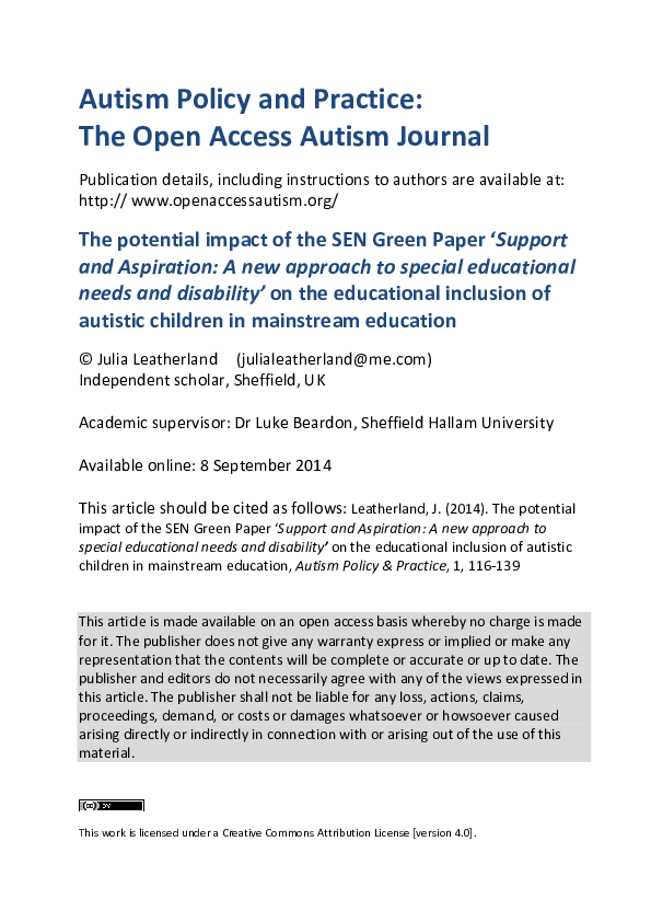 (PDF) The potential impact of the SEN Green Paper ‘Support and ...