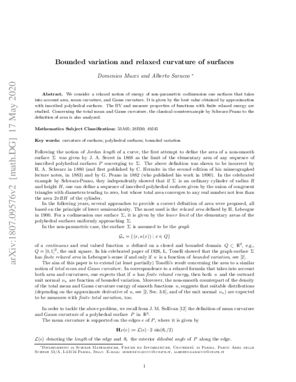(PDF) Bounded Variation and Relaxed Curvature of Surfaces