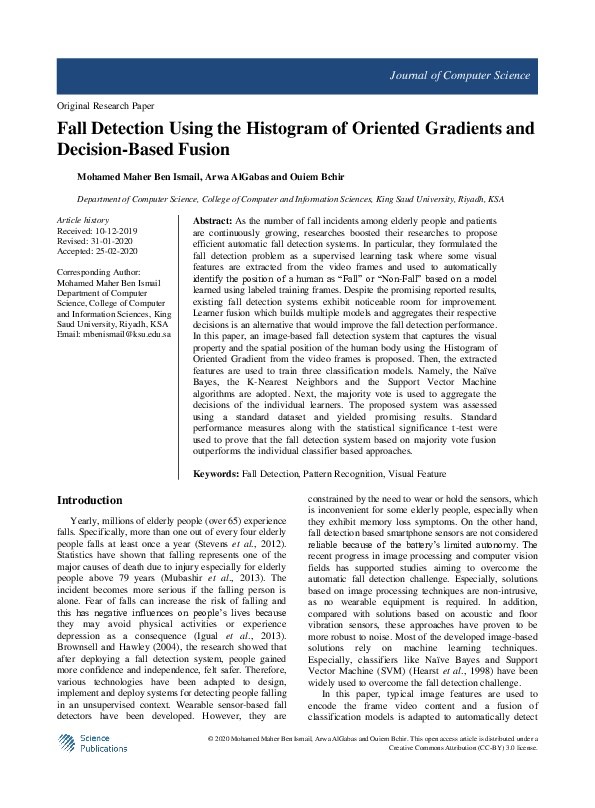 Pdf Fall Detection Using The Histogram Of Oriented Gradients And