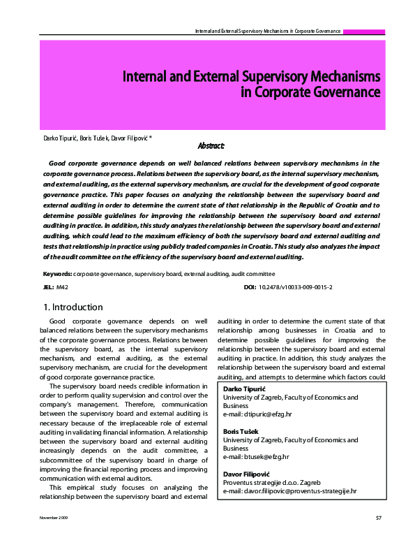 (PDF) Internal and External Supervisory Mechanisms in Corporate Governance