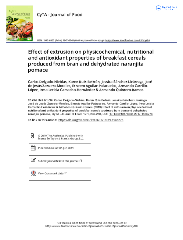 (PDF) Effect of extrusion on physicochemical, nutritional and antioxidant properties of ...